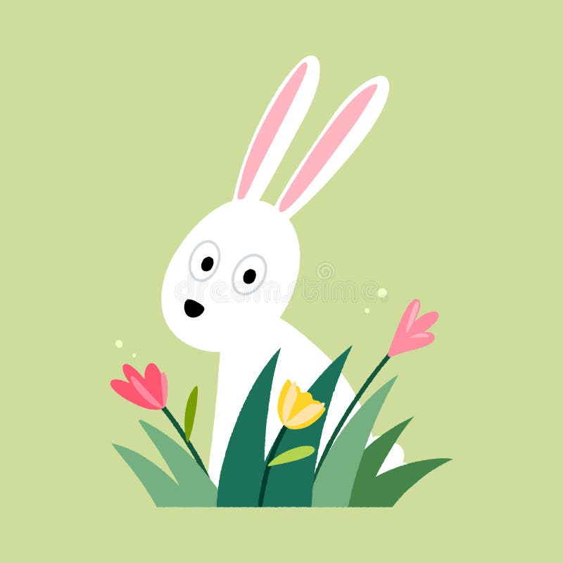 A Cute Bunny with a Clump of Grass and Flowers, Cartoon Vector ...