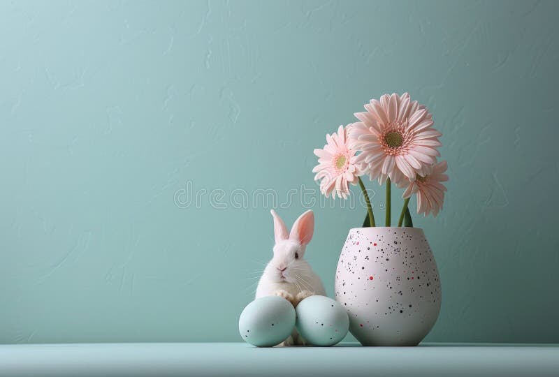 Cute Bunny with Colorful Easter Eggs on Blue Background Stock Image ...