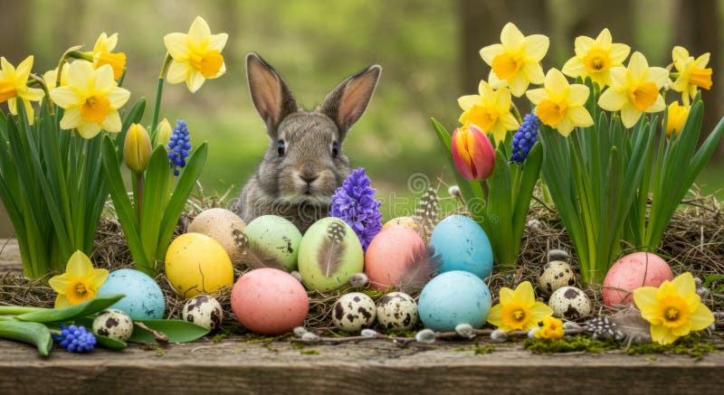Cute Bunny among Colorful Easter Eggs and Spring Flowers Stock ...