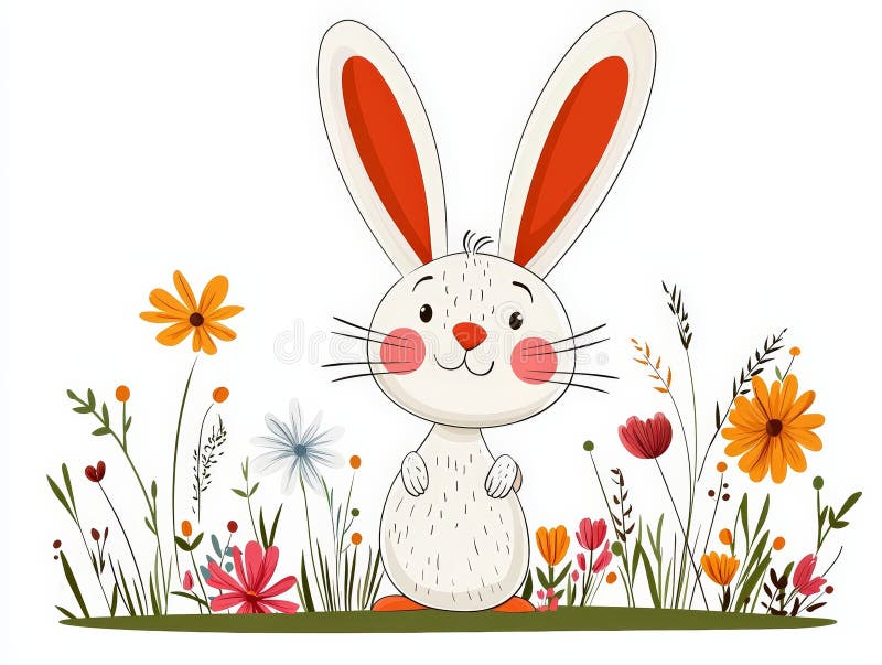 Cute Bunny among Colorful Flowers White Background Stock Illustration ...