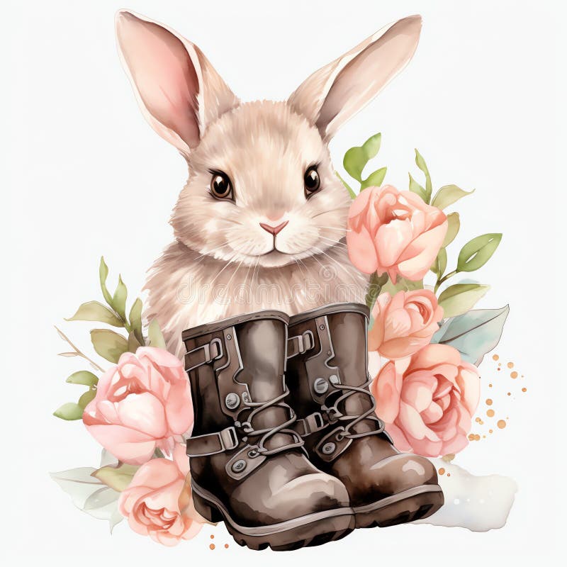 Cute Bunny with Cowboy Boots Watercolor Illustration Stock Illustration ...