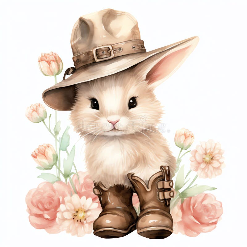 Cute Bunny with Cowboy Boots Watercolor Illustration Stock Illustration ...