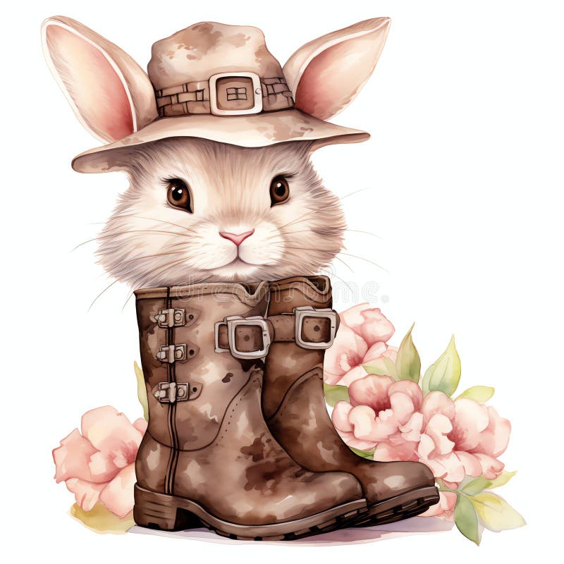 Cute Bunny with Cowboy Boots Watercolor Illustration Stock Illustration ...