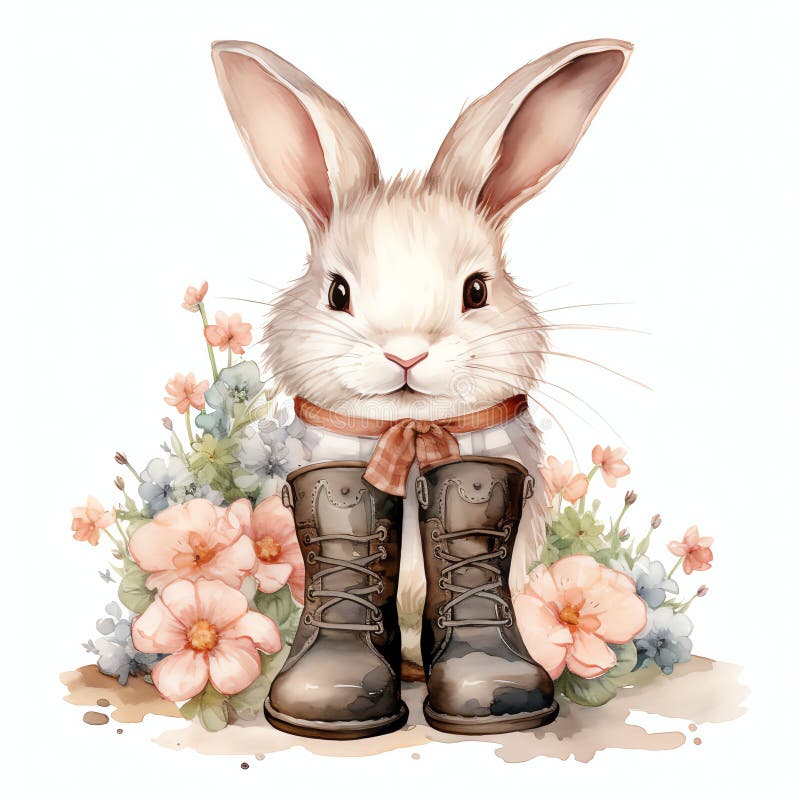 Cute Bunny with Cowboy Boots Watercolor Illustration Stock Illustration ...