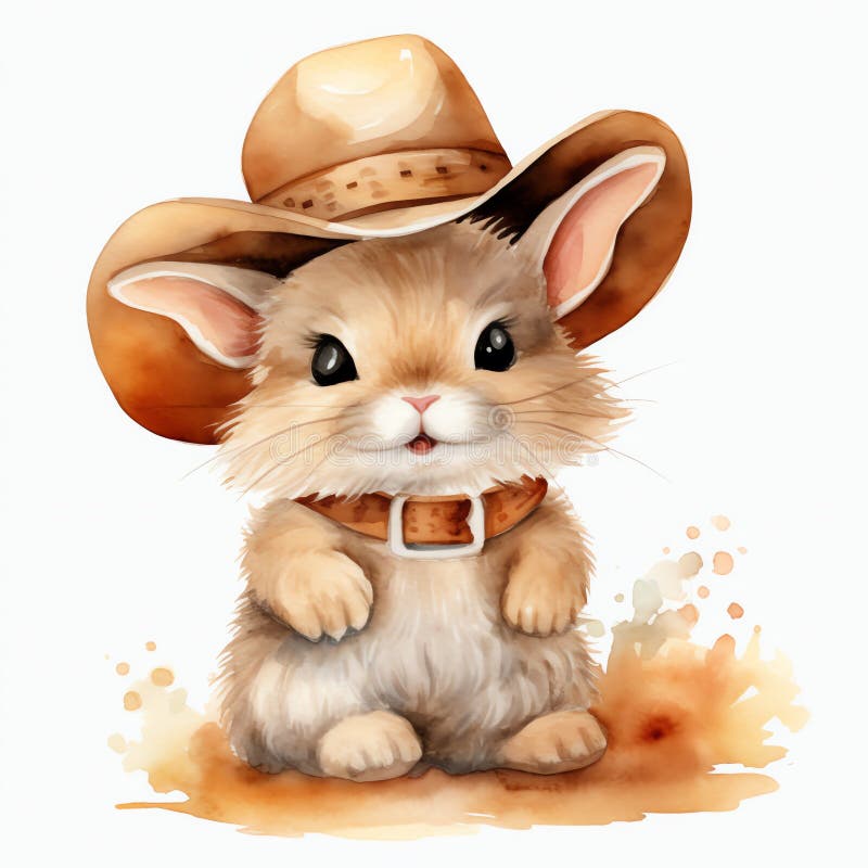 Cute Bunny with Cowboy Hat Watercolor Illustration Stock Illustration ...