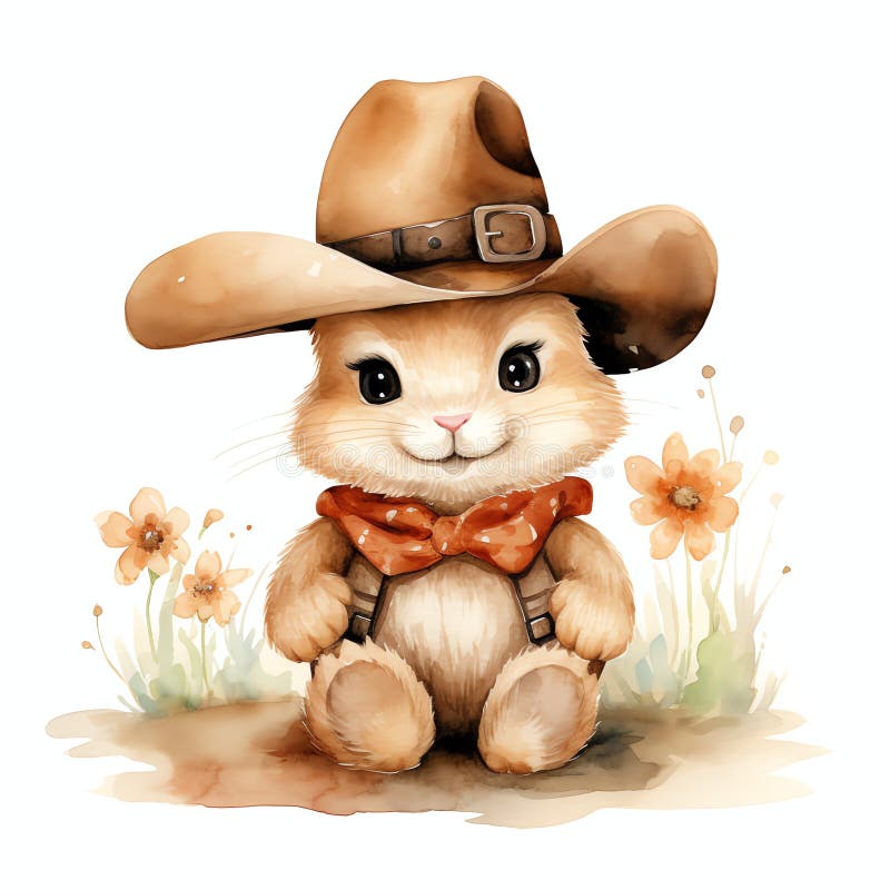Cute Bunny with Cowboy Hat Watercolor Illustration Stock Illustration ...