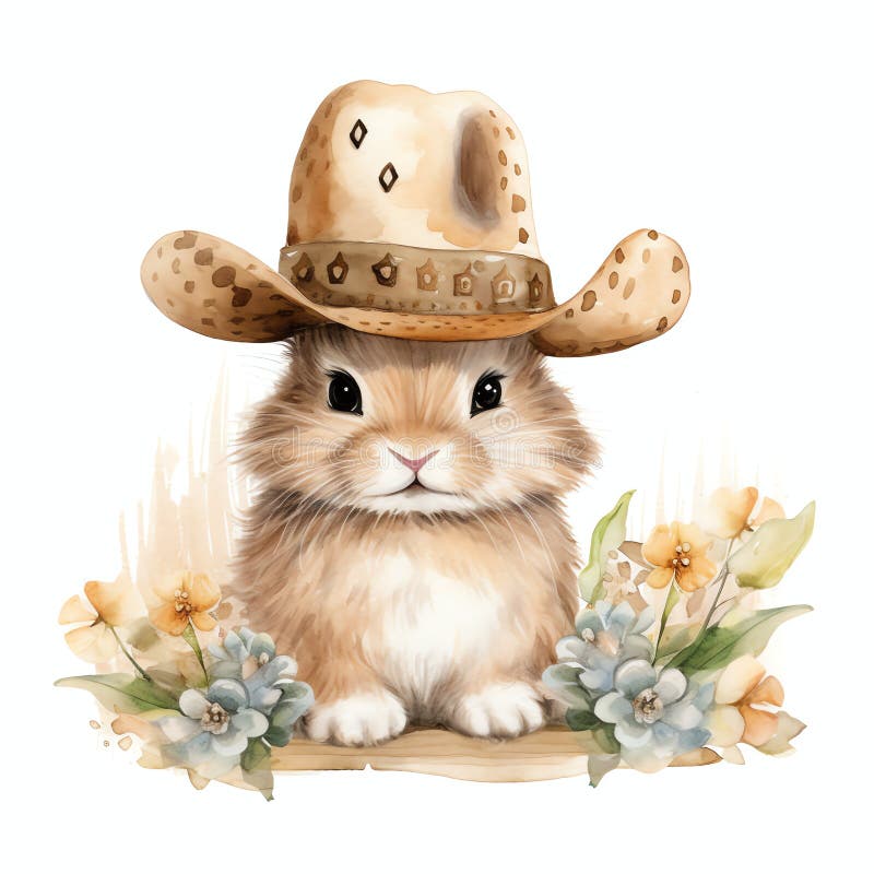 Cute Bunny with Cowboy Hat Watercolor Illustration Stock Illustration ...