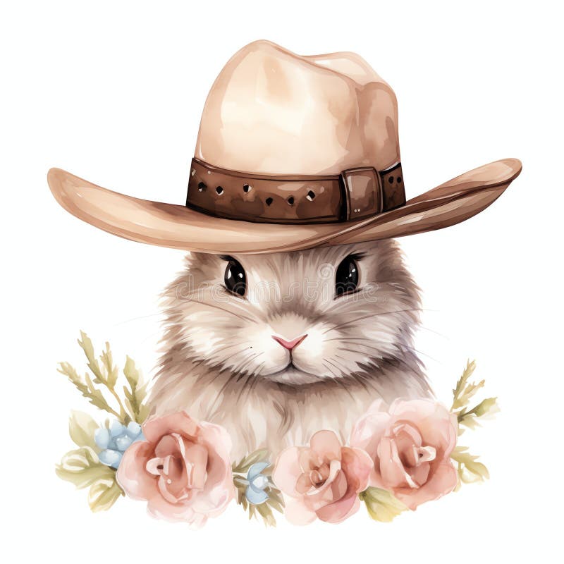Cute Bunny with Cowboy Hat Watercolor Illustration Stock Illustration ...