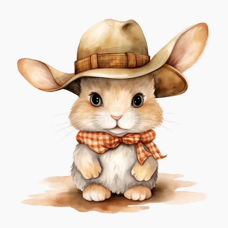 Cute Bunny with Cowboy Hat Watercolor Illustration Stock Illustration ...