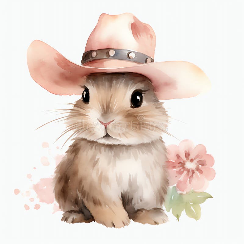Cute Bunny with Cowboy Hat Watercolor Illustration Stock Illustration ...