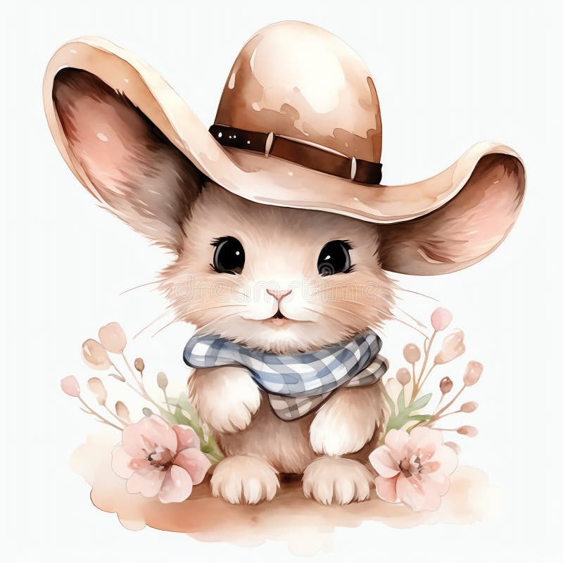 Cute Bunny with Cowboy Hat Watercolor Illustration Stock Illustration ...