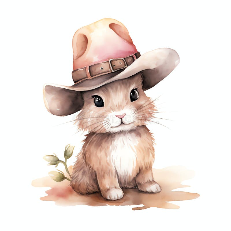 Cute Bunny with Cowboy Hat Watercolor Illustration Stock Illustration ...
