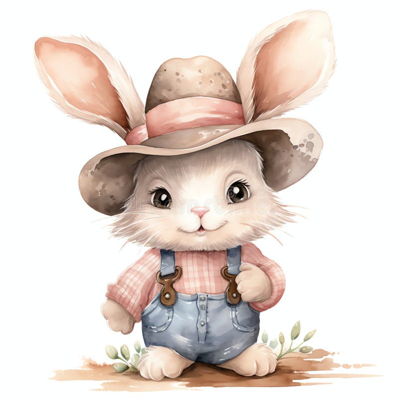 Cute Bunny with Cowboy Hat Watercolor Illustration Stock Illustration ...