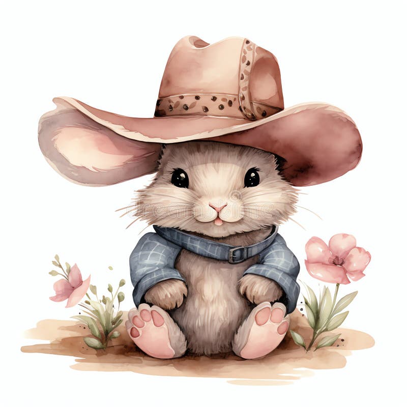 Cute Bunny with Cowboy Hat Watercolor Illustration Stock Illustration ...