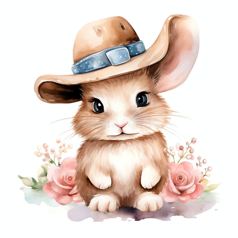 Cute Bunny with Cowboy Hat Watercolor Illustration Stock Illustration ...