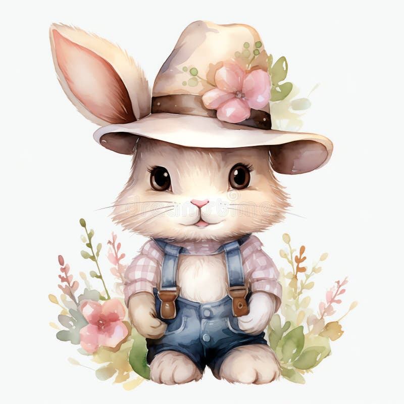 Cute Bunny with Cowboy Hat Watercolor Illustration Stock Illustration ...