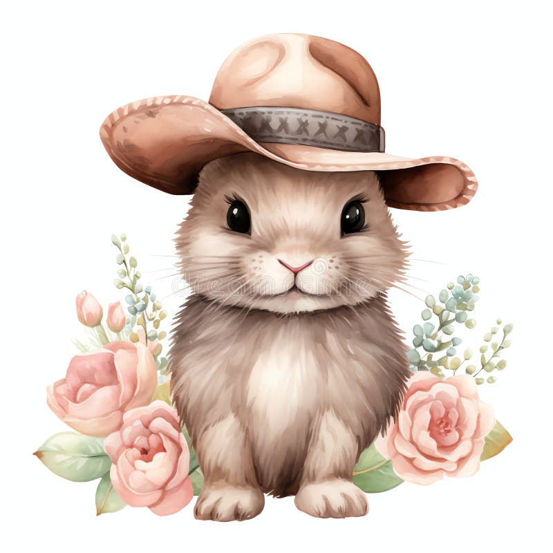 Cute Bunny with Cowboy Hat Watercolor Illustration Stock Illustration ...