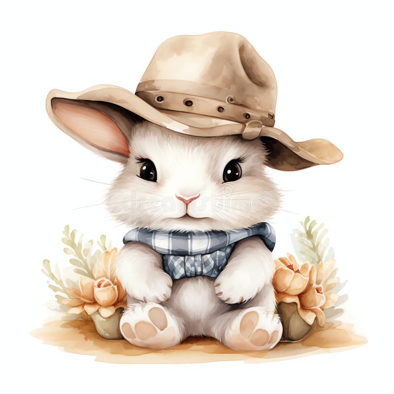 Cute Bunny with Cowboy Hat Watercolor Illustration Stock Illustration ...