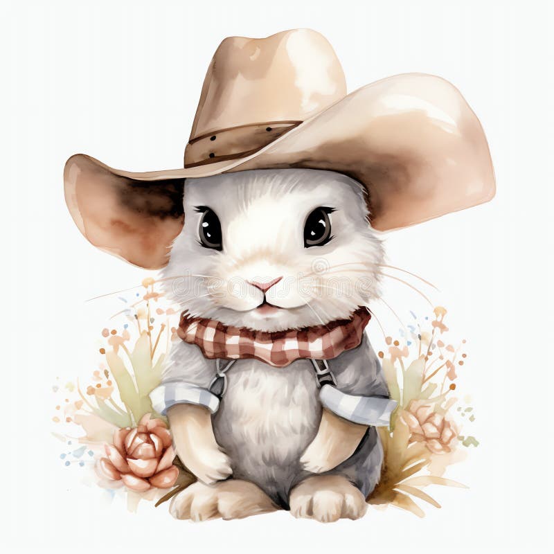Cute Bunny with Cowboy Hat Watercolor Illustration Stock Illustration ...