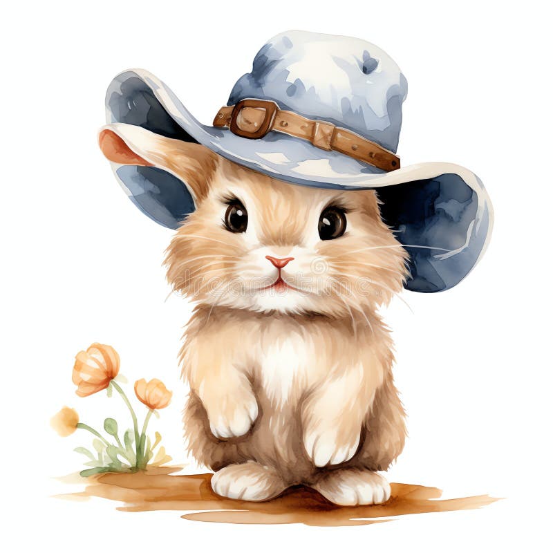 Cute Bunny with Cowboy Hat Watercolor Illustration Stock Illustration ...