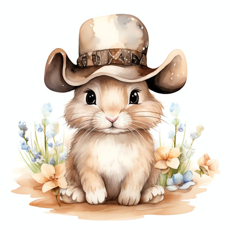Cute Bunny with Cowboy Hat Watercolor Illustration Stock Illustration ...
