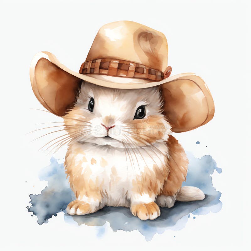 Cute Bunny with Cowboy Hat Watercolor Illustration Stock Illustration ...