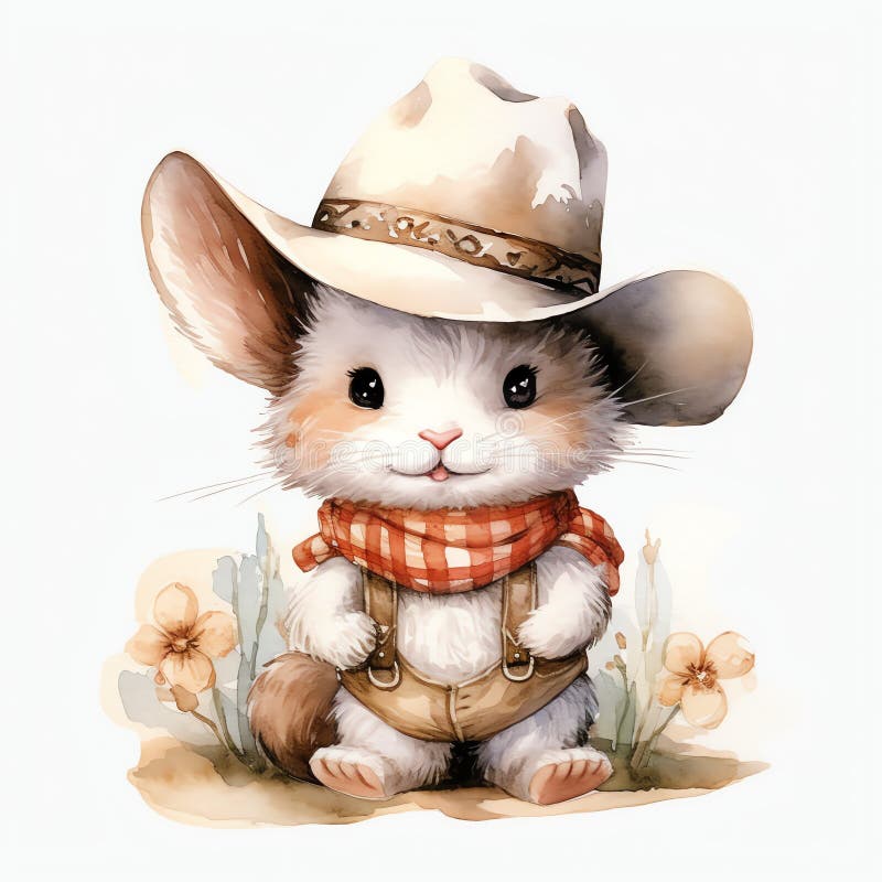 Cute Bunny with Cowboy Hat Watercolor Illustration Stock Illustration ...