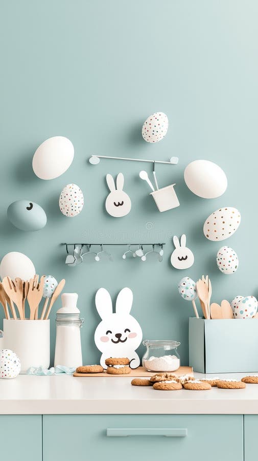 Cute Bunny Decorations and Cookies in Pastel Kitchen Setting Stock ...
