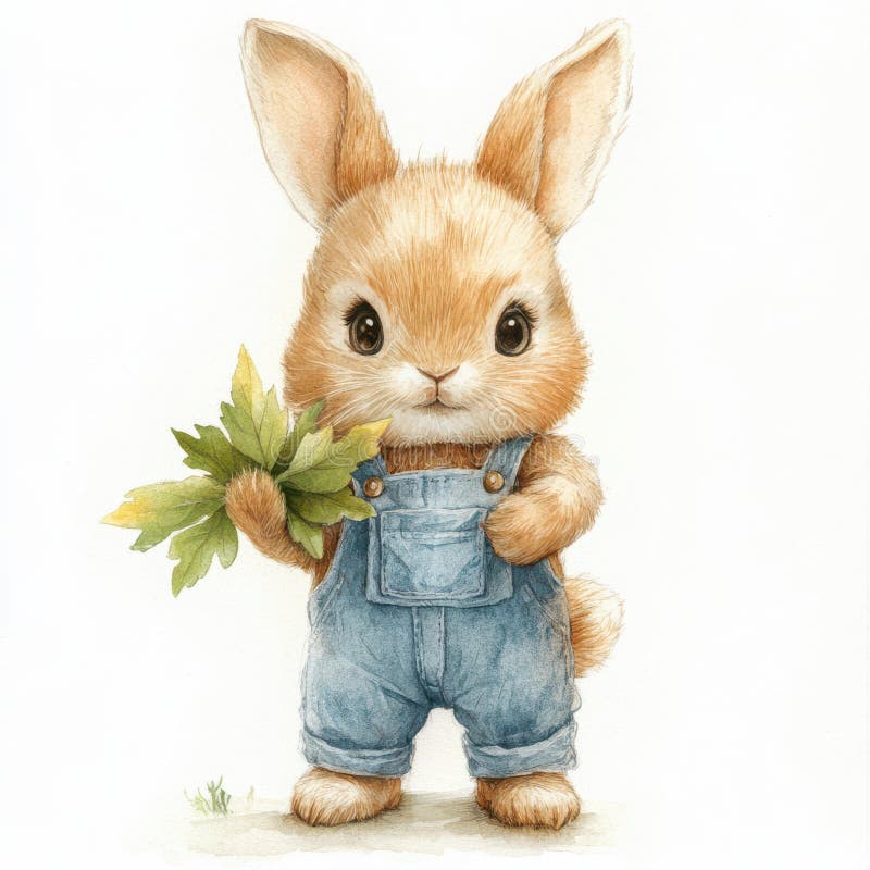 Cute Bunny in Denim Overalls Holding Leaves Stock Illustration ...