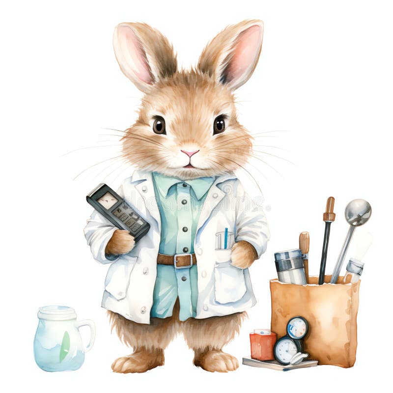 Cute Bunny with Doctor Kit Watercolor Illustration Stock Illustration ...
