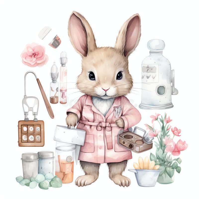 Cute Bunny with Doctor Kit Watercolor Illustration Stock Illustration ...