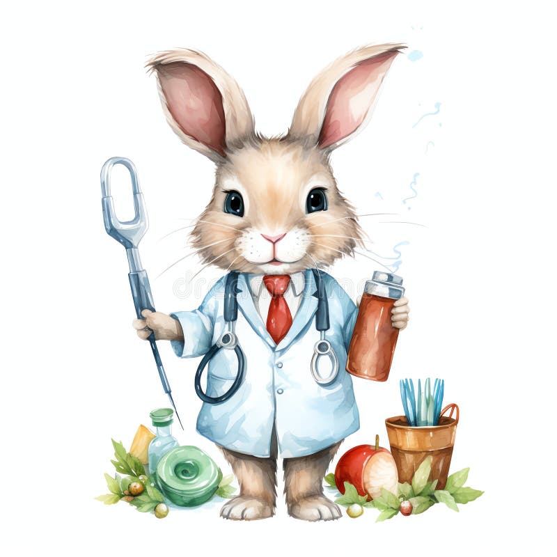 Cute Bunny with Doctor Kit Watercolor Illustration Stock Illustration ...