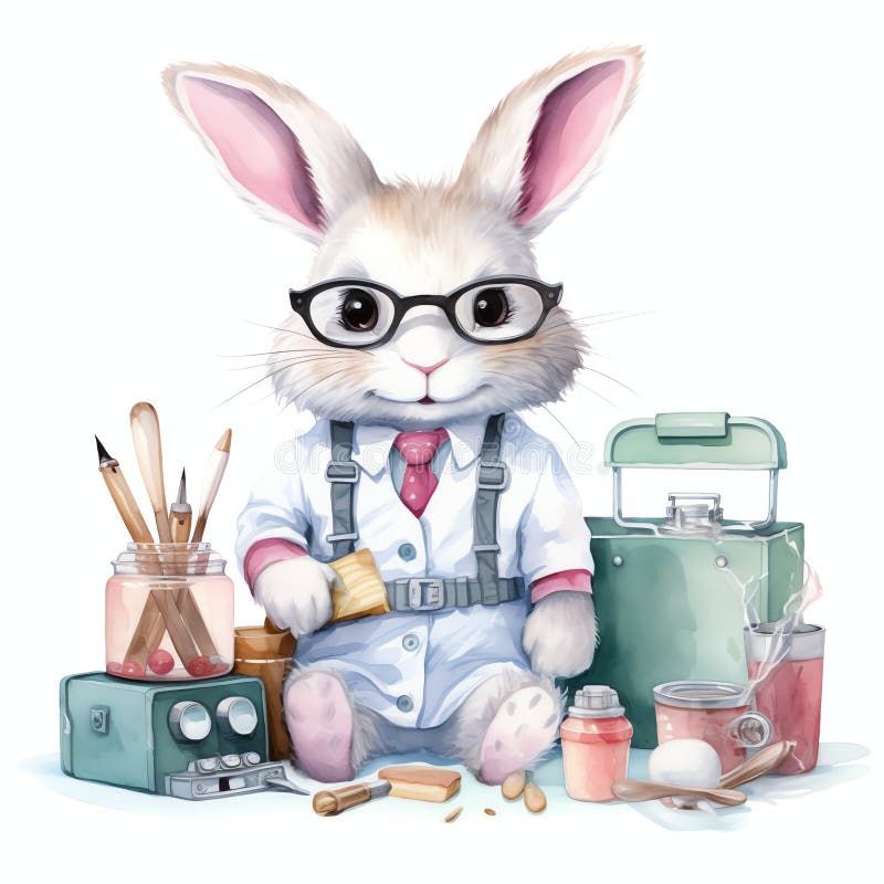 Cute Bunny with Doctor Kit Watercolor Illustration Stock Illustration ...