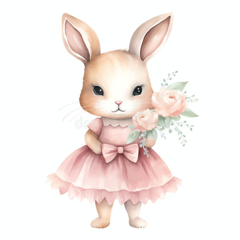 Cute Bunny in Dress Watercolor Illustration Stock Illustration ...