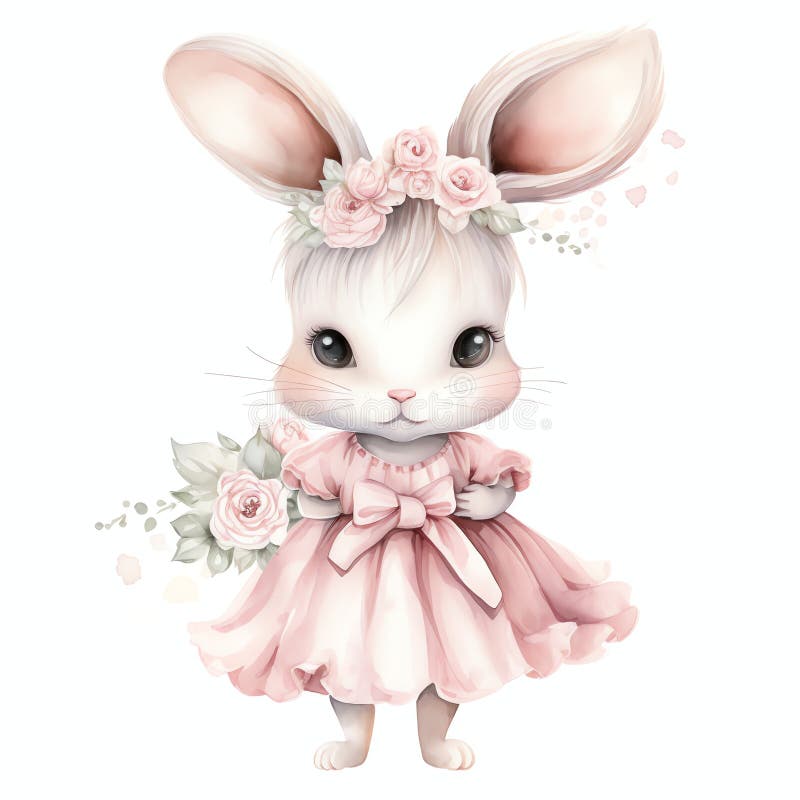 Cute Bunny in Dress Watercolor Illustration Stock Illustration ...