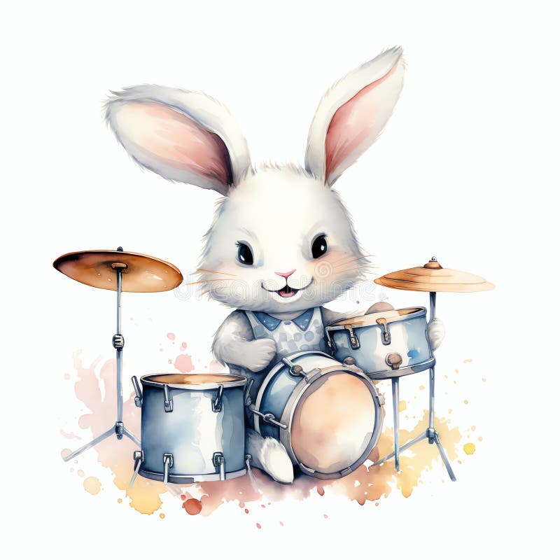 Cute Bunny with Drum Kit Watercolor Illustration Stock Illustration ...