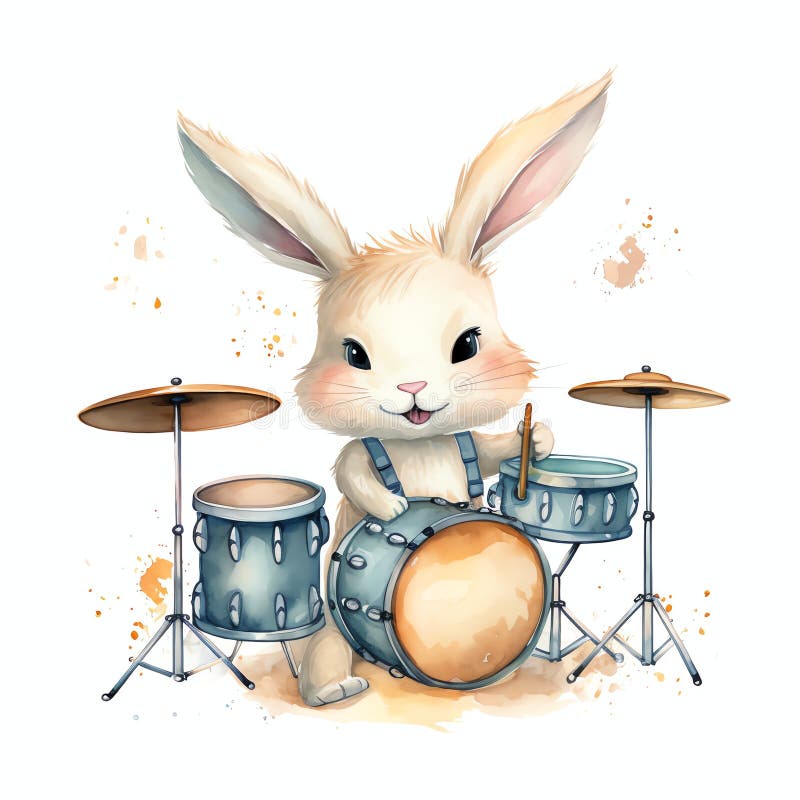 Cute Bunny with Drum Set Watercolor Illustration Stock Illustration ...