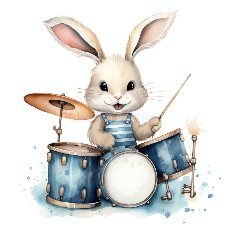 Cute Bunny with Drum Set Watercolor Illustration Stock Illustration ...