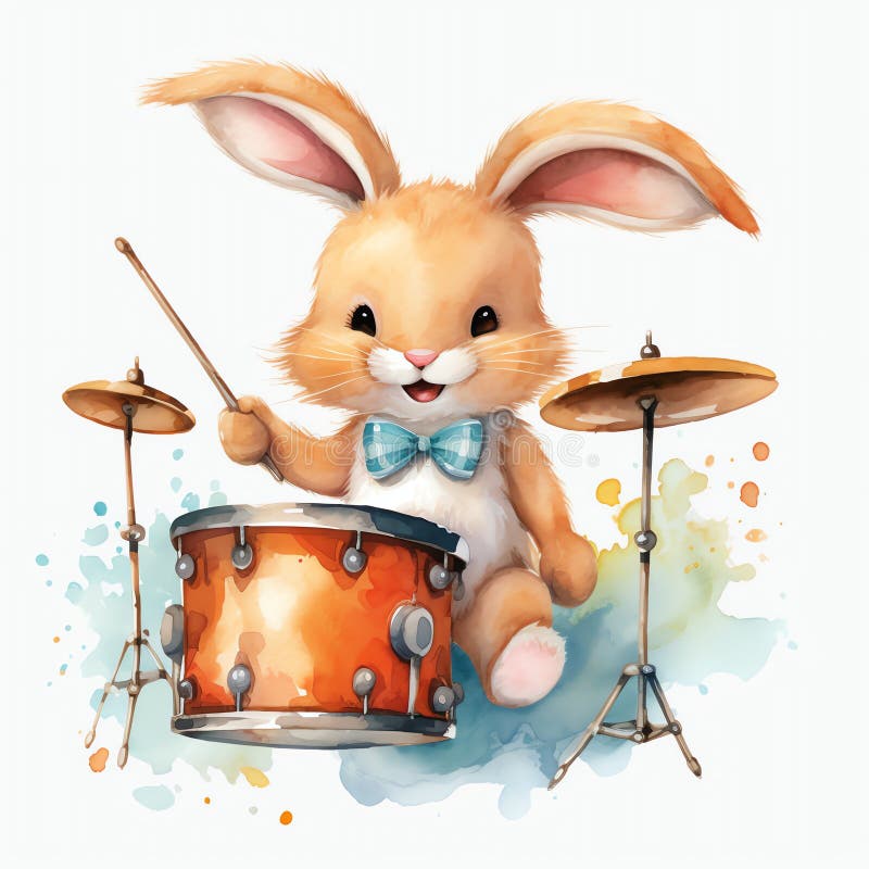 Cute Bunny with Drum Set Watercolor Illustration Stock Illustration ...
