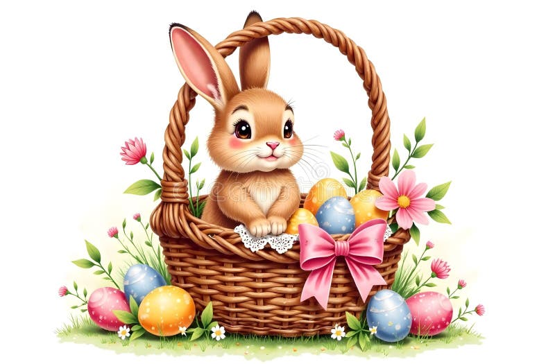 Cute Bunny in Easter Basket with Decorated Eggs and Flowers. Stock ...