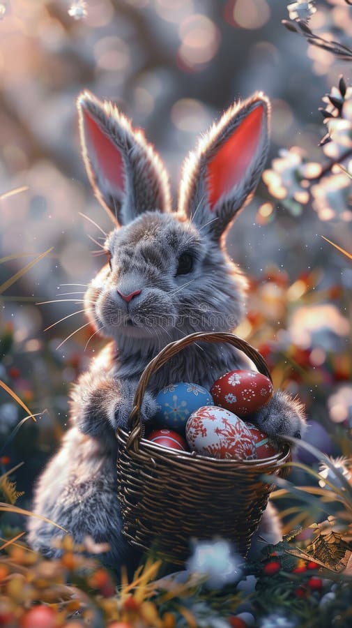 Cute Bunny with Easter Basket Full of Colored Eggs with Spring Flowers ...