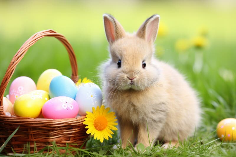 Cute Bunny with Easter Eggs in Basket on Green Grass Field for Spring ...