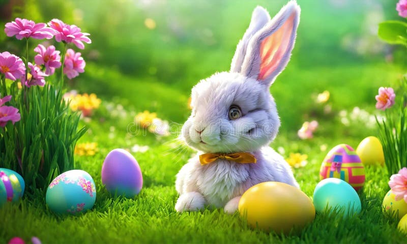 Cute Bunny with Easter Eggs in Floral in the Garden Generative AI Stock ...