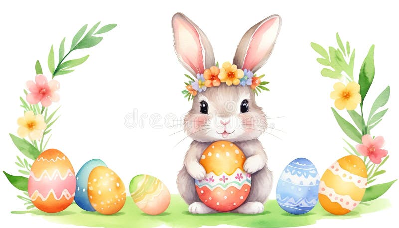 Cute Bunny with Easter Eggs and Floral Wreath for Spring Celebration ...