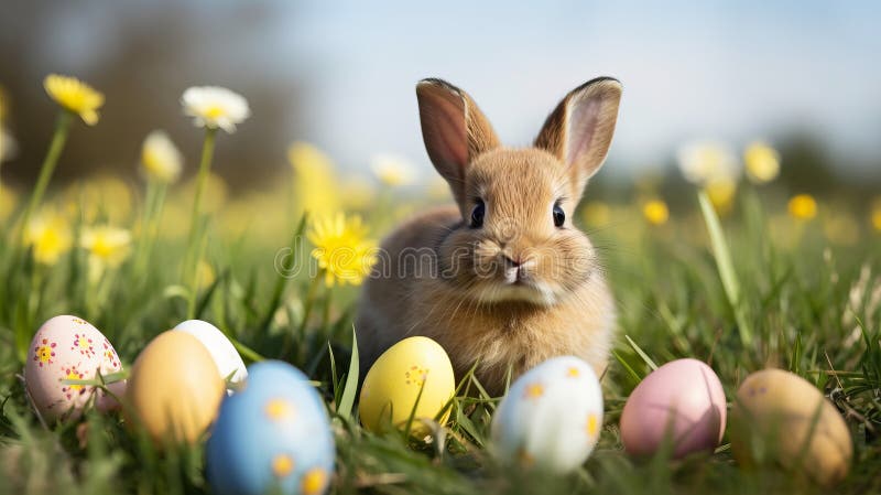Cute Bunny with Easter Eggs in Flowery Meadow, Bright Spring Colors ...