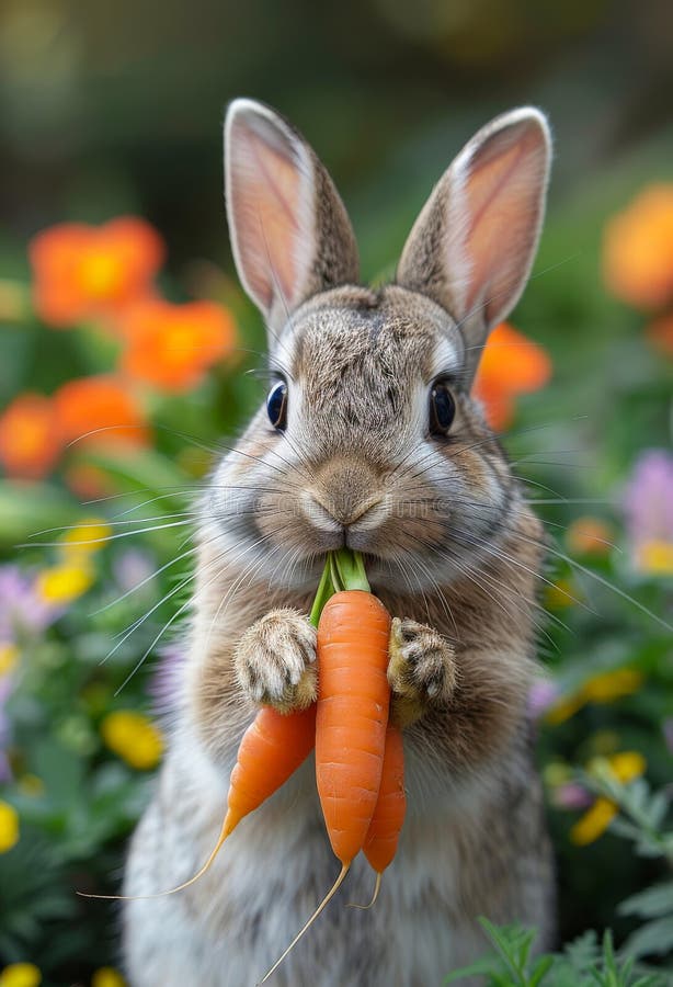 Cute Bunny Eating Fresh Carrot in the Garden Stock Image - Image of ...