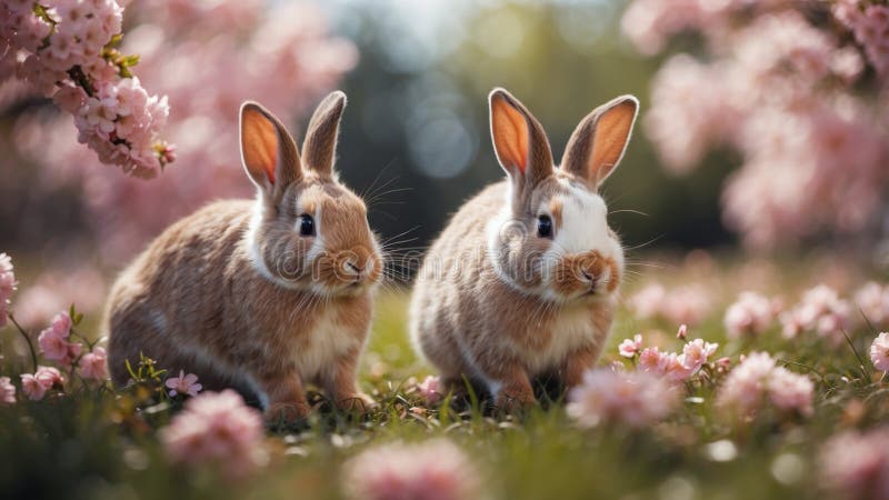 Cute Bunny Eating in a Garden of Pink Blossoms. Stock Image - Image of ...