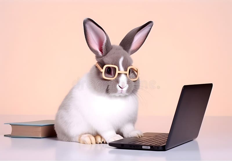 Cute Bunny with Eyeglasses, Book and Laptop. Concept of Hardworking Pet ...
