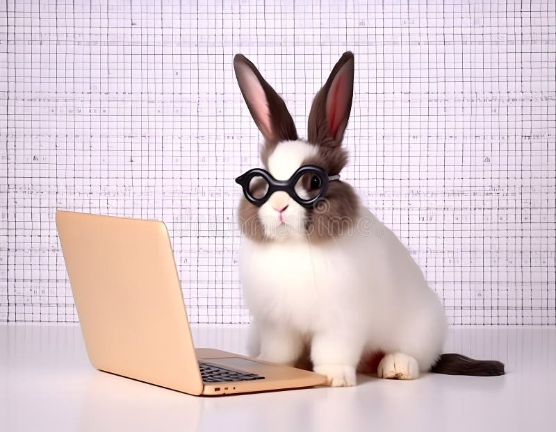 Cute Bunny with Eyeglasses and Laptop. Concept of Hardworking Pet Stock ...