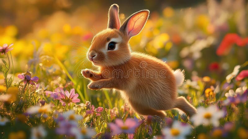 Cute Bunny in a Field of Flowers Stock Illustration - Illustration of ...